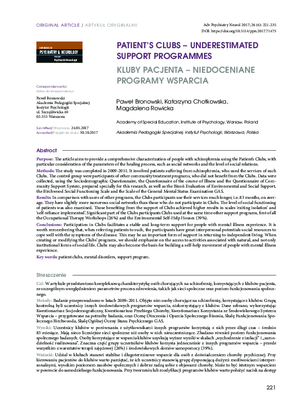 (PDF) Patient’s Clubs – underestimated support programmes | Magdalena ...