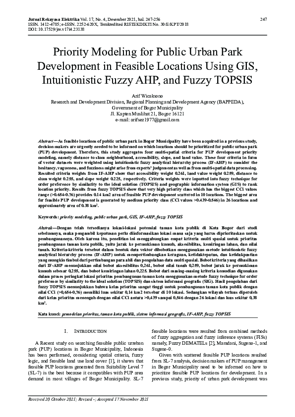 (PDF) Priority modeling for public urban park development in feasible ... (PDF) Priority modeling for public urban park development in feasible ...