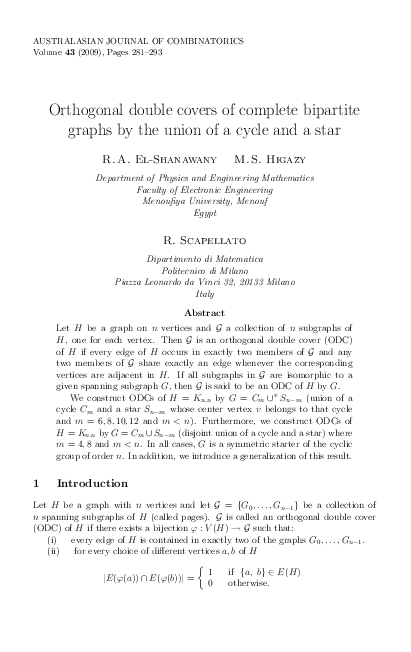 (PDF) Orthogonal double covers of complete bipartite graphs by the union of a cycle and a star