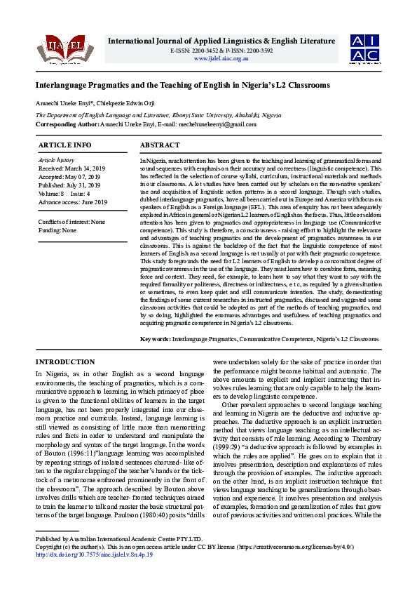 (PDF) Interlanguage Pragmatics and the Teaching of English in Nigeria’s L2 Classrooms