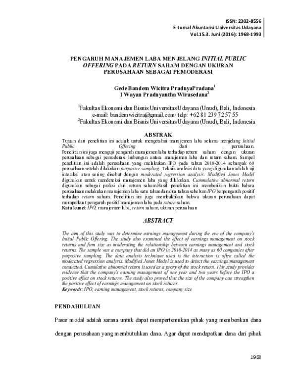 (PDF) Pengaruh Manajemen Laba Menjelang Initial Public Offering Pada ...