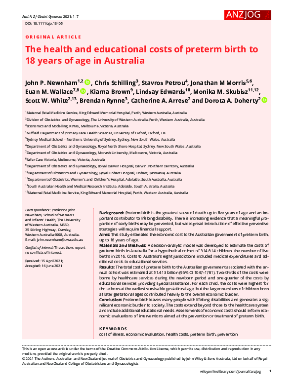 (PDF) The health and educational costs of preterm birth to 18 years of ...
