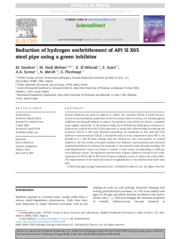 (PDF) Reduction of hydrogen embrittlement of API 5l X65 steel pipe ...