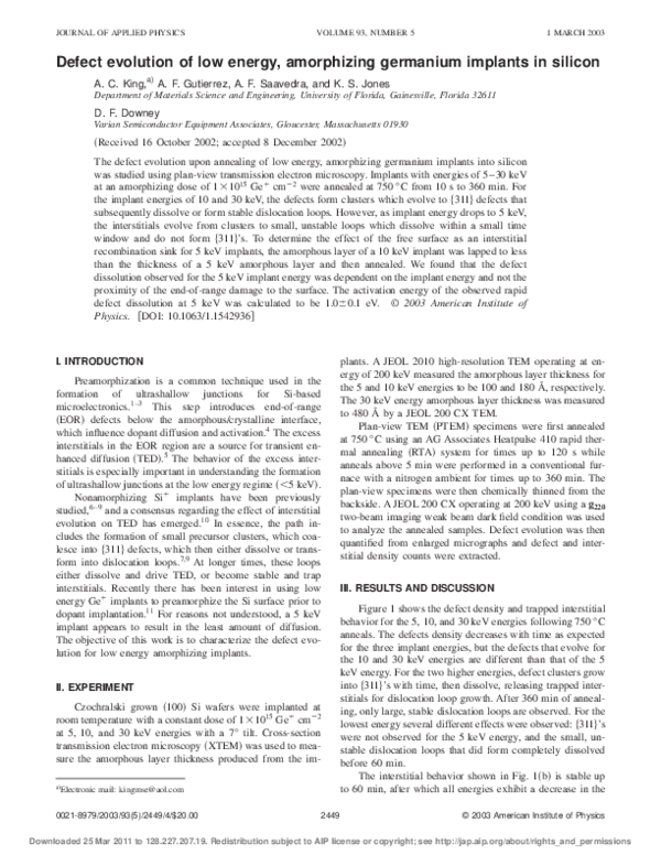 (PDF) Defect evolution of low energy, amorphizing germanium implants in silicon | Andres ...