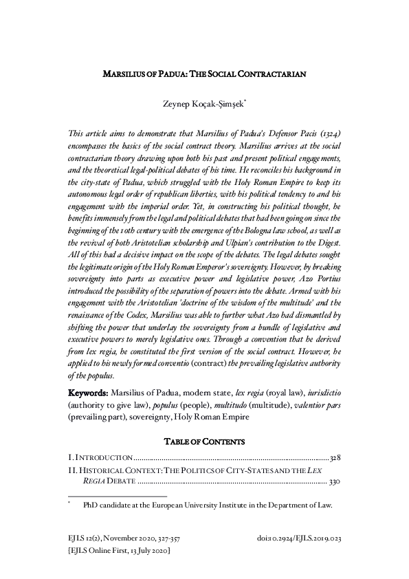 (PDF) Marsilius of Padua : the social contractarian