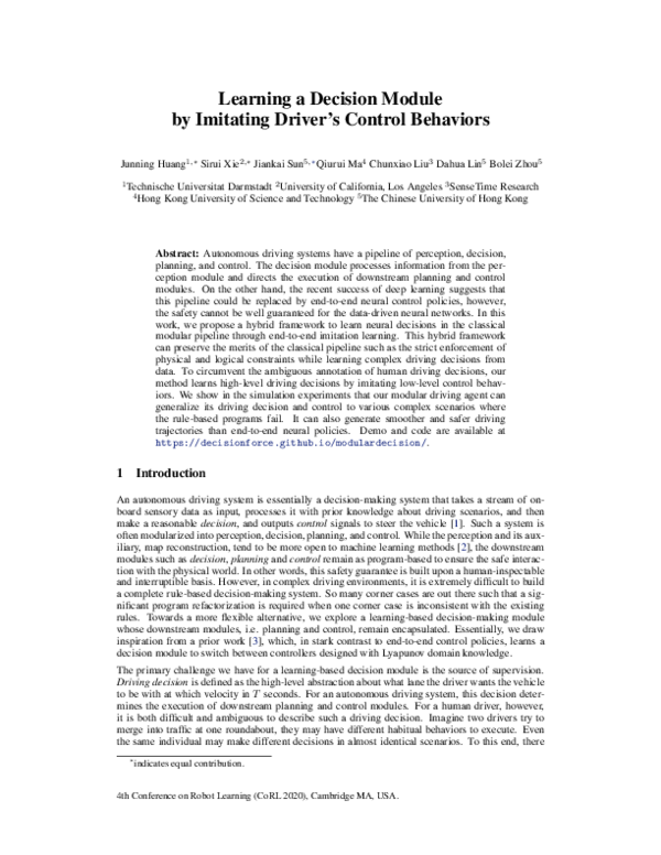 (PDF) Learning a Decision Module by Imitating Driver's Control Behaviors