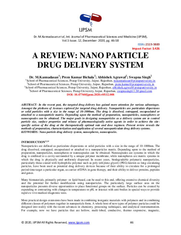 (PDF) A Review: Nano Particle Drug Delivery System | SWAPNA SINGH - Academia.edu
