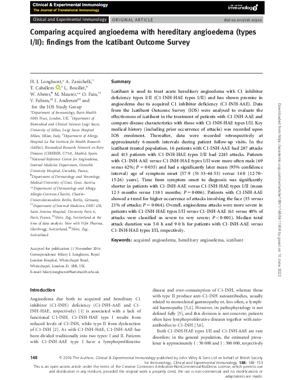 (PDF) Comparing acquired angioedema with hereditary angioedema (types I ...