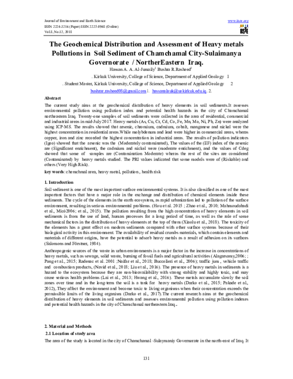 (PDF) The Geochemical Distribution and Assessment of Heavy metals Pollutions in Soil Sediment of ...