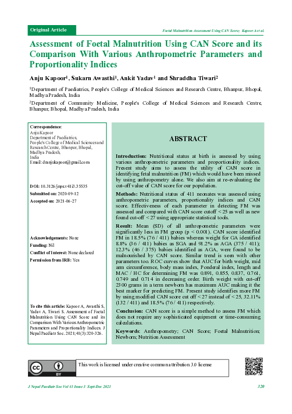 (PDF) Assessment of Foetal Malnutrition Using CAN Score and its ...