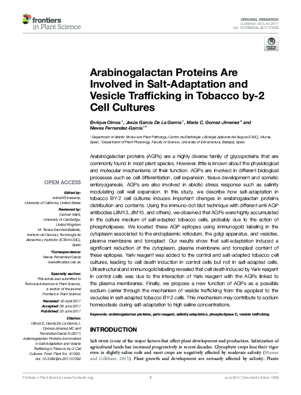 (PDF) Arabinogalactan Proteins Are Involved in Salt-Adaptation and ...