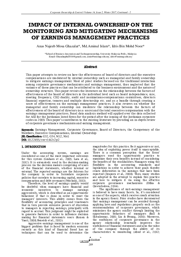 (PDF) Impact of Internal Ownership on the Monitoring and Mitigating ...