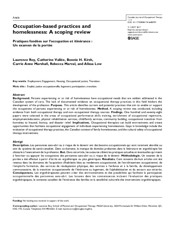 (PDF) Occupation-based practices and homelessness: A scoping review