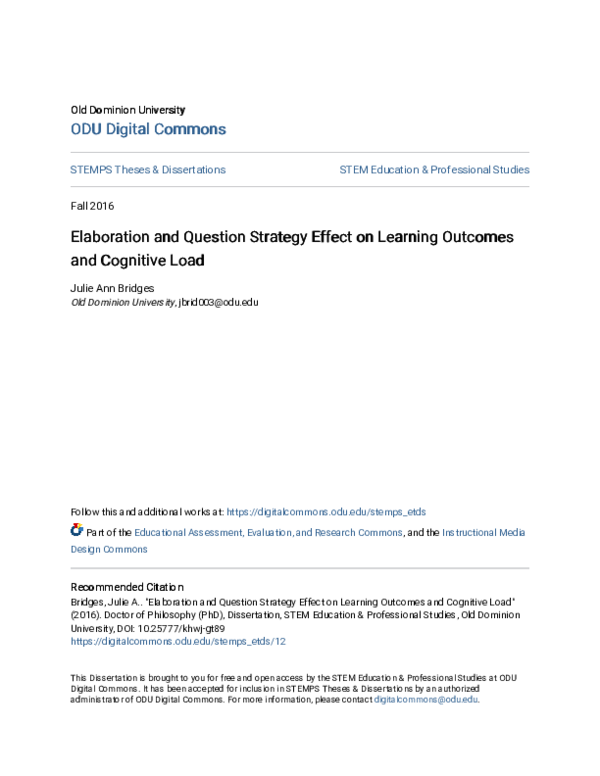 (PDF) Elaboration and Question Strategy Effect on Learning Outcomes and Cognitive Load