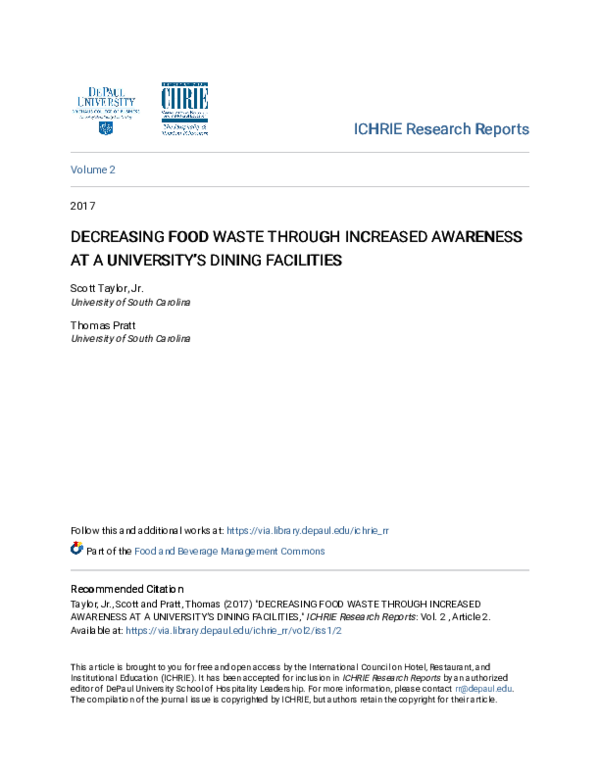 (PDF) Decreasing Food Waste Through Increased Awareness at a University ...