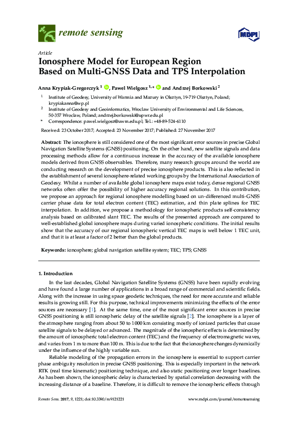 (PDF) Ionosphere Model for European Region Based on Multi-GNSS Data and TPS Interpolation