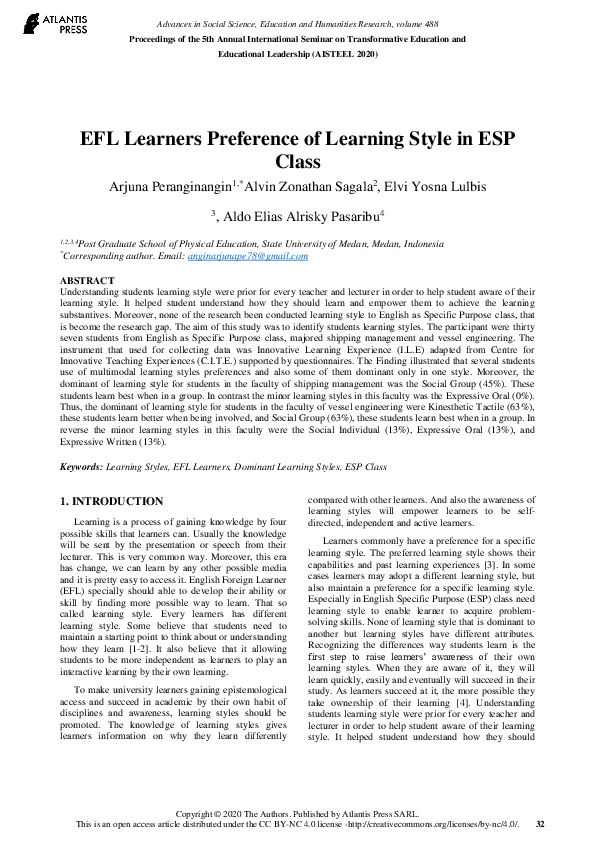 (PDF) EFL Learners Preference of Learning Style in ESP Class