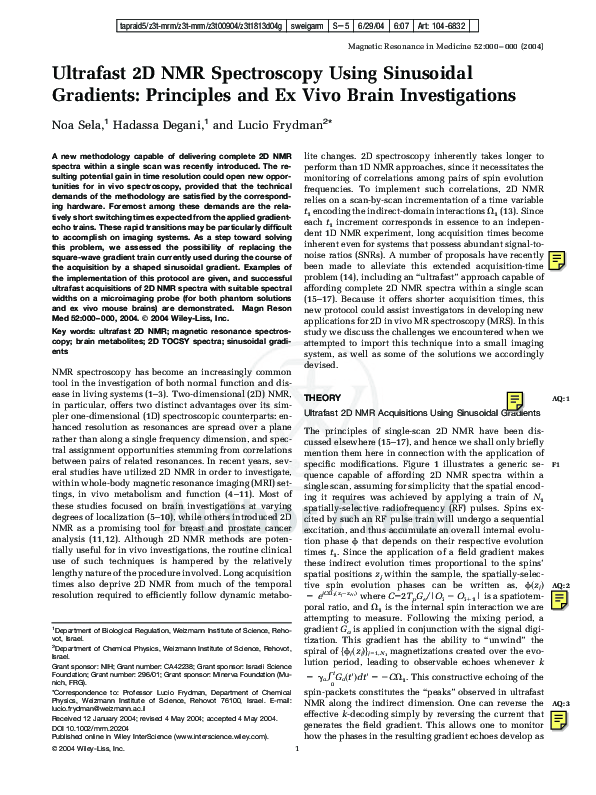 (PDF) Ultrafast 2D NMR spectroscopy using sinusoidal gradients ...