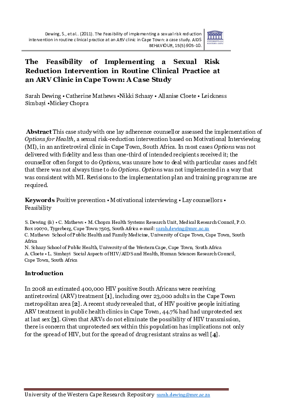 (PDF) The Feasibility of Implementing a Sexual Risk Reduction Intervention in Routine Clinical ...