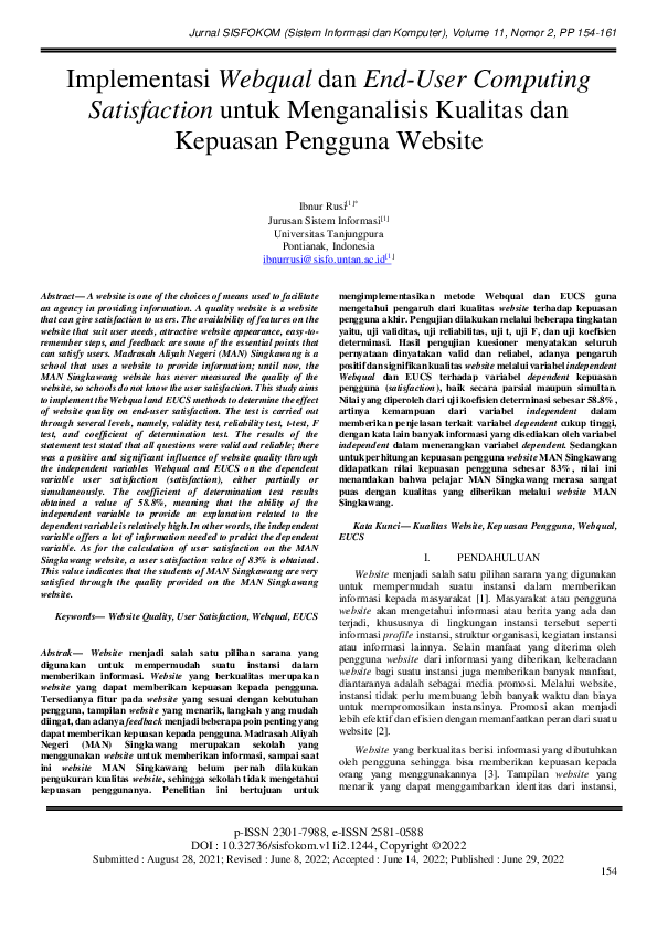 Pdf Implementasi Webqual Dan End User Computing Satisfaction Untuk Menganalisis Kualitas Dan