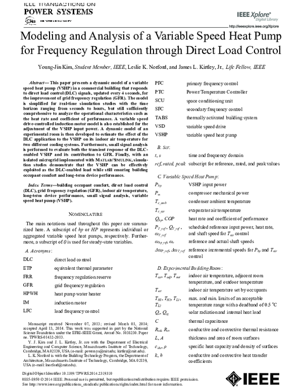 (PDF) Modeling and Analysis of a Variable Speed Heat Pump for Frequency Regulation Through ...