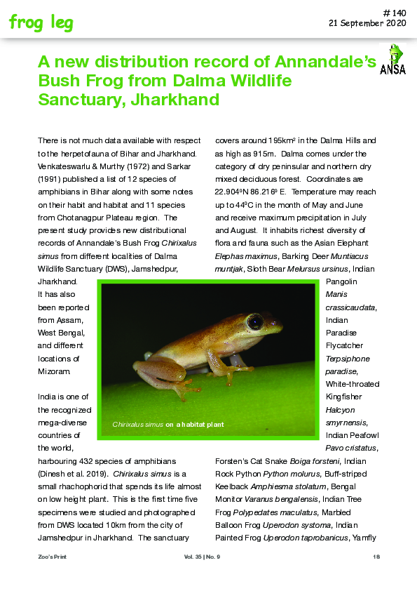 (PDF) A new distribution record of Annandales Bush Frog from Dalma ...