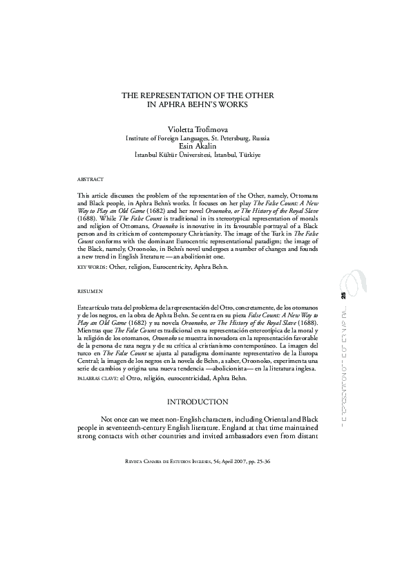 (PDF) The Representation of the Other in Aphra Behn¿ s Works