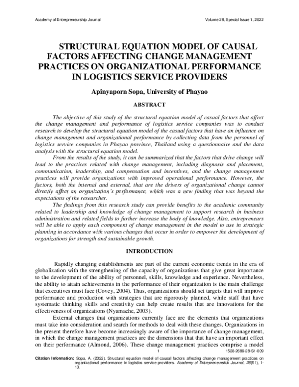 (PDF) Structural Equation Model of Causal Factors Affecting Change ...
