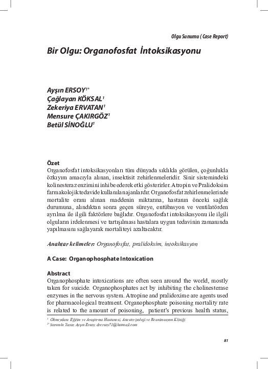 (PDF) Bir Olgu: Organofosfat İntoksikasyonu
