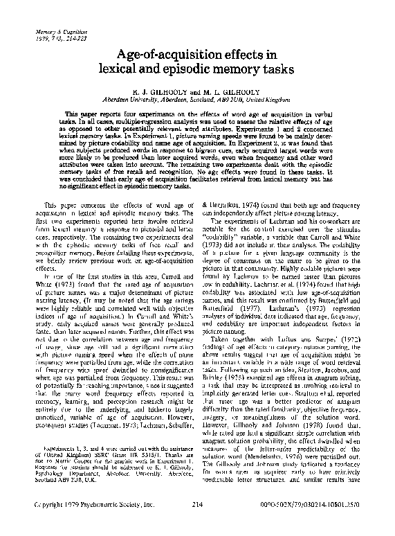 (PDF) Age-of-acquisition effects in lexical and episodic memory tasks