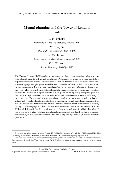 (PDF) Mental planning and the Tower of London task