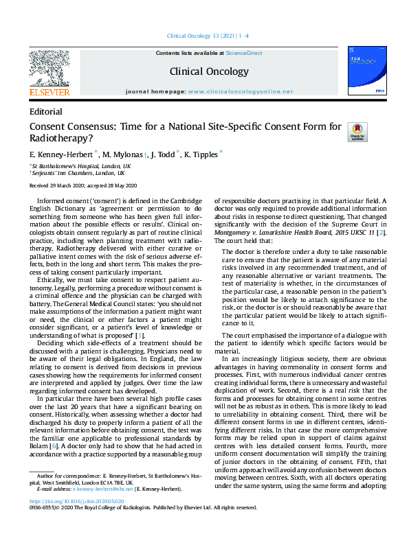 (PDF) National Site-Specific Consent for Radiotherapy