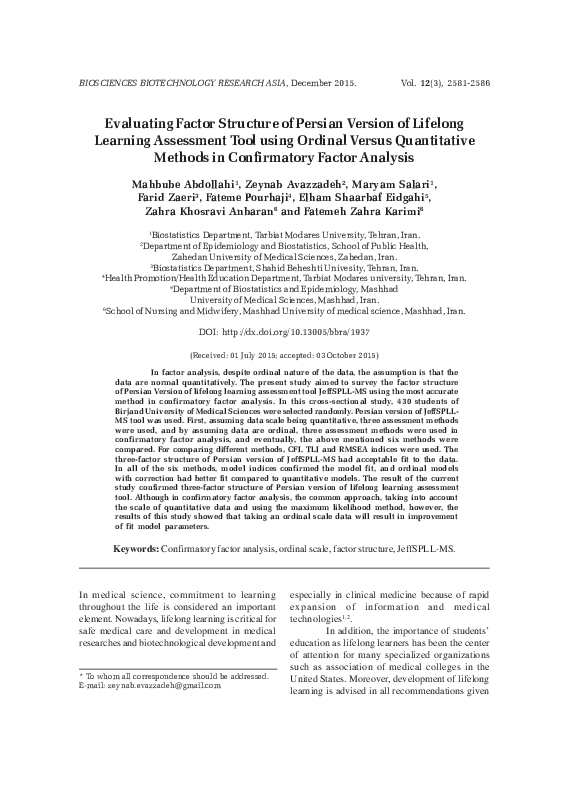 (PDF) Evaluating Factor Structure of Persian Version of Lifelong Learning Assessment Tool using ...