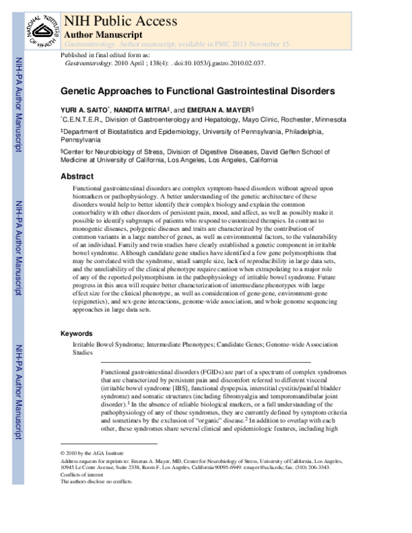 (PDF) Genetic Approaches to Functional Gastrointestinal Disorders