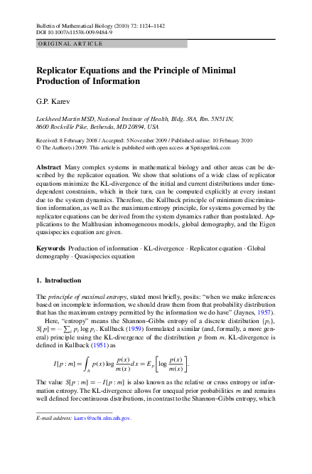(PDF) Replicator Equations and the Principle of Minimal Production of ...