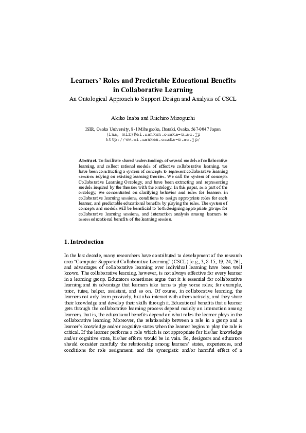 (PDF) Learners’ Roles and Predictable Educational Benefits in Collaborative Learning