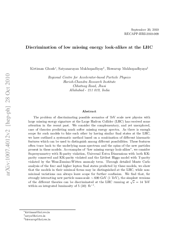 (PDF) Discrimination of low missing energy look-alikes at the LHC