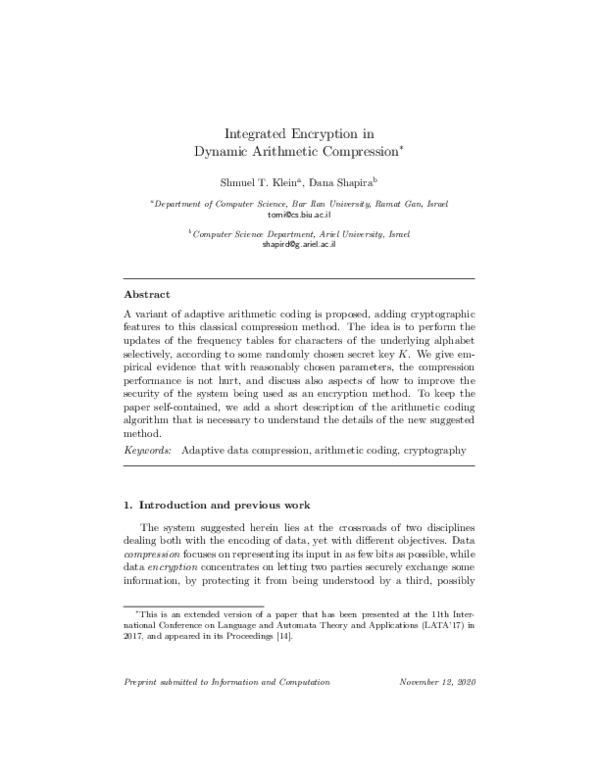 (PDF) Integrated Encryption in Dynamic Arithmetic Compression