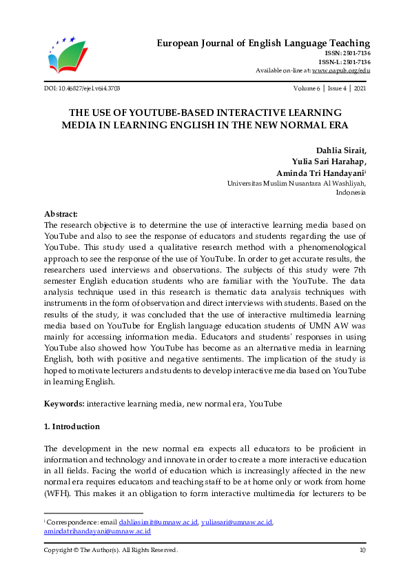 (PDF) The Use of Youtube-Based Interactive Learning Media in Learning English in the New Normal Era