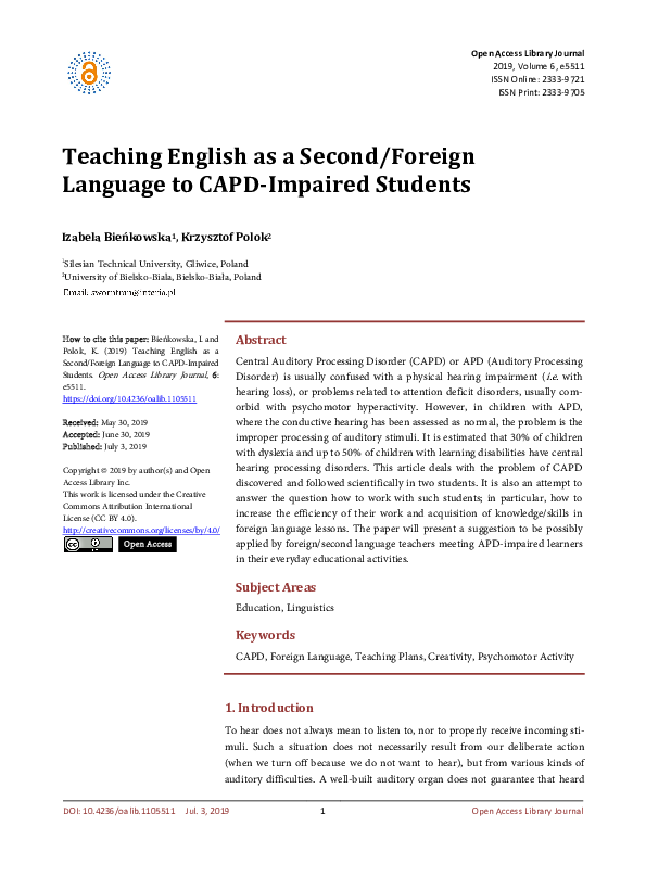 (PDF) Teaching English as a Second/Foreign Language to CAPD-Impaired Students