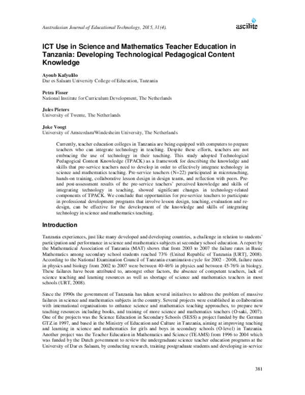 (PDF) ICT Use in Science and Mathematics Teacher Education in Tanzania: Developing Technological ...
