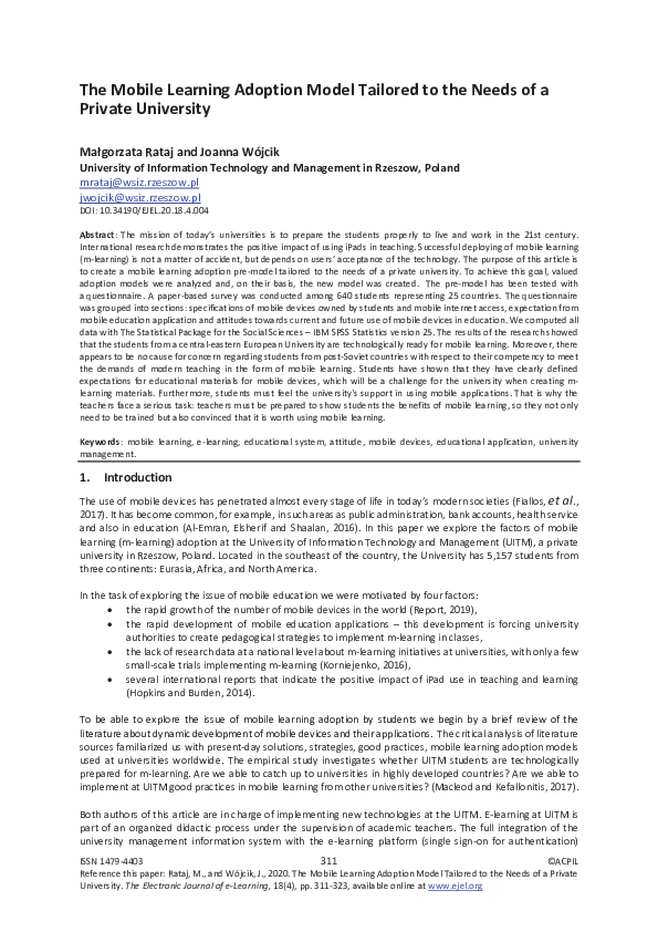 (PDF) The Mobile Learning Adoption Model Tailored to the Needs of a Private University