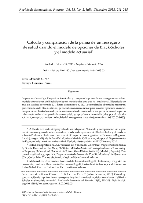 (PDF) Calculo y comparacion de la prima de un reaseguro de salud usando el modelo de opciones de ...