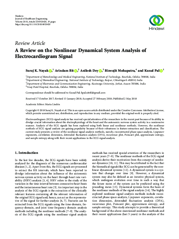 (PDF) A Review on the Nonlinear Dynamical System Analysis of Electrocardiogram Signal