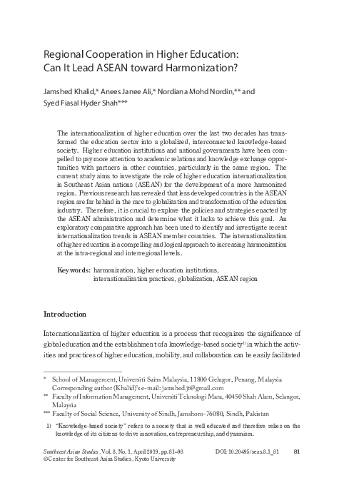 (PDF) Regional Cooperation in Higher Education: Can It Lead ASEAN toward Harmonization?