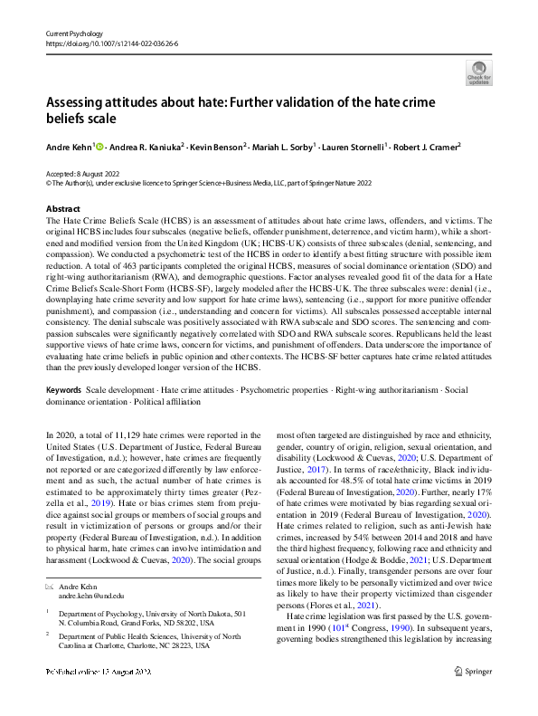 (PDF) Assessing attitudes about hate: Further validation of the hate ...