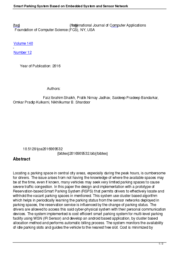 (PDF) Smart Parking System Based on Embedded System and Sensor Network
