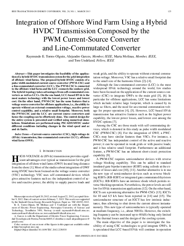 Pdf Integration Of Offshore Wind Farm Using A Hybrid Hvdc Transmission Composed By The Pwm