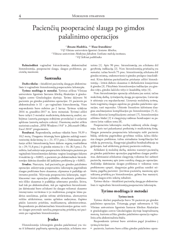 (PDF) Pacienčių pooperacinė slauga po gimdos pašalinimo operacijos