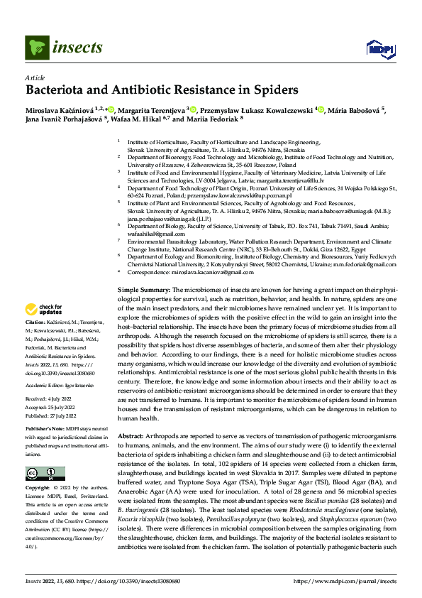 (PDF) Bacteriota and Antibiotic Resistance in Spiders